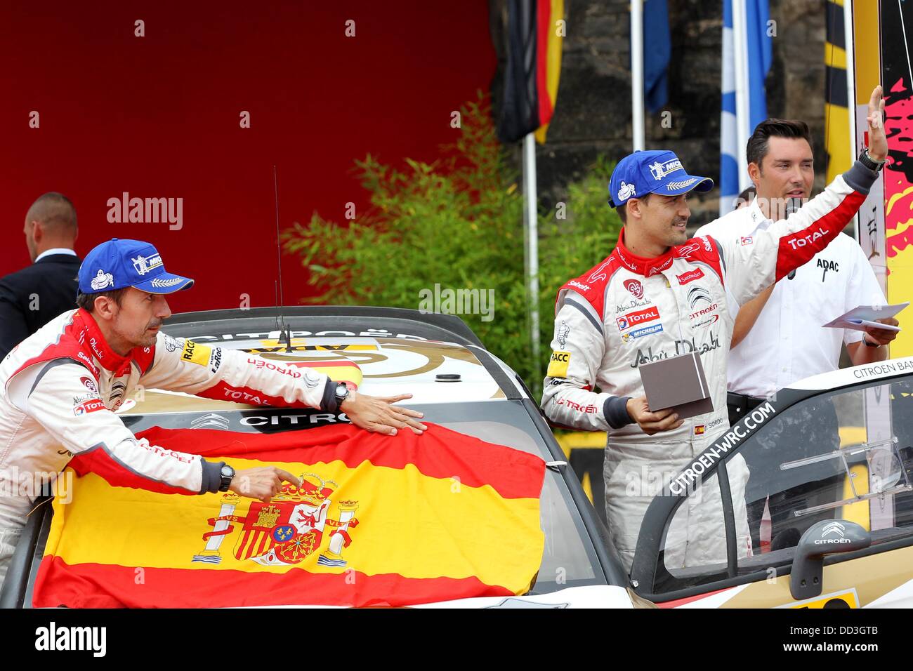 Spanish rally driver Dani Sordo (R) and his co-driver Carlos del Barrio ...