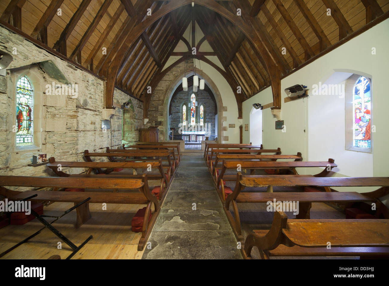 Wooden Benches And Stained Glass Windows Inside A Church; Ardnamurchan ...