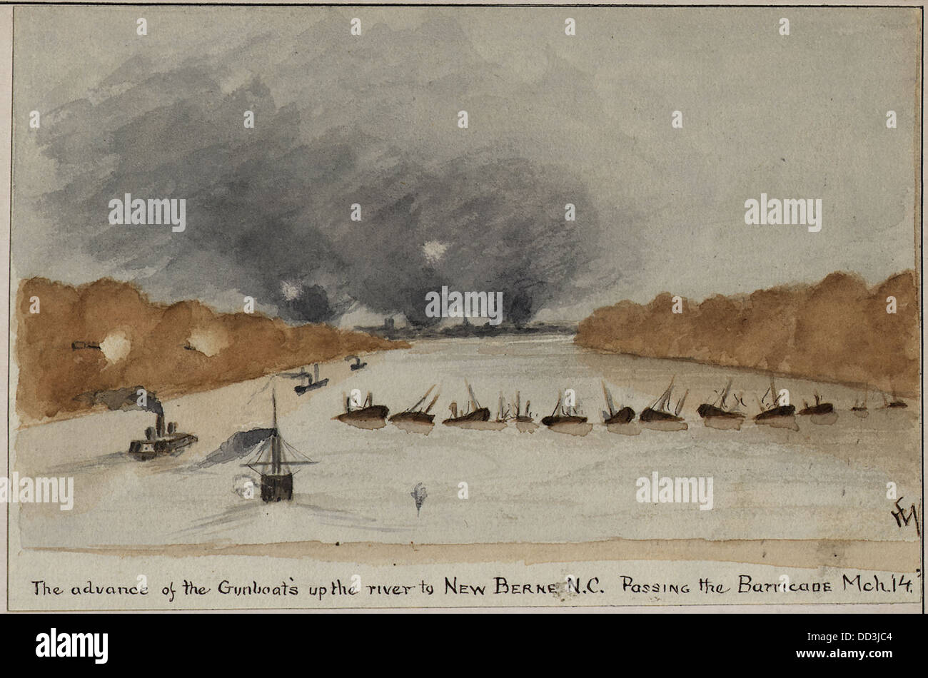 Gunboats advance up the river towards New Berne, North Carolina, during ...