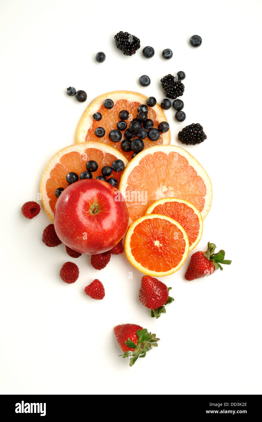 A collection of fruits together - apple, oranges, grapefruit ...