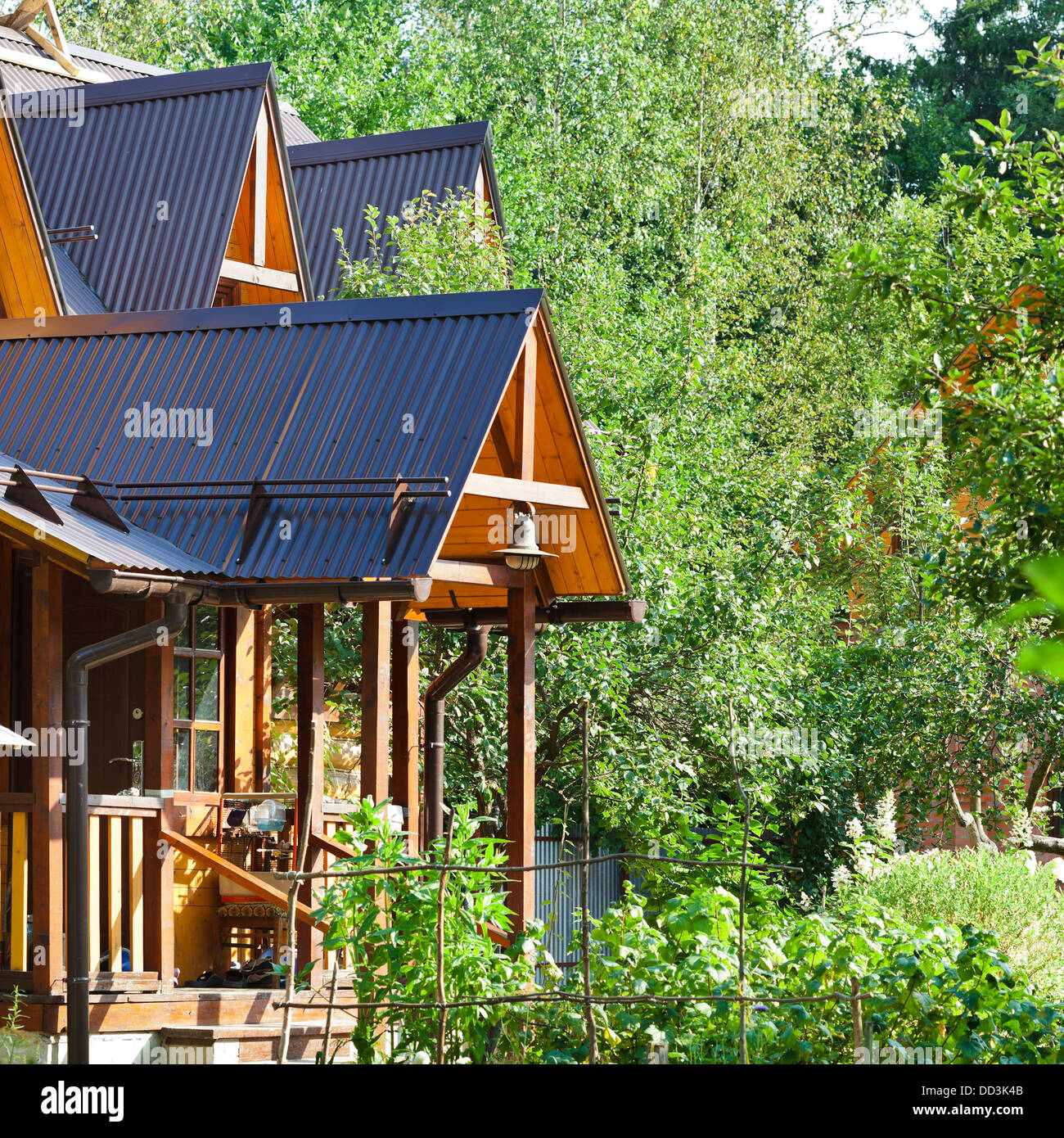 wooden porch of log house in sunny summer day Stock Photo - Alamy