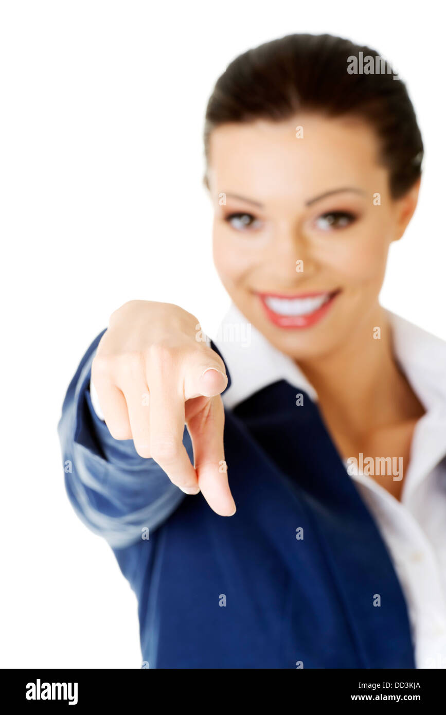 Young beautiful caucasian business woman pointing on you ,isolated on ...