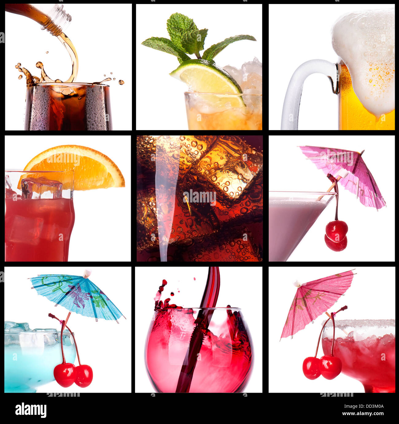 collage with alcohol cocktails - beer, martini, soda,cola,cocktail,wine ...