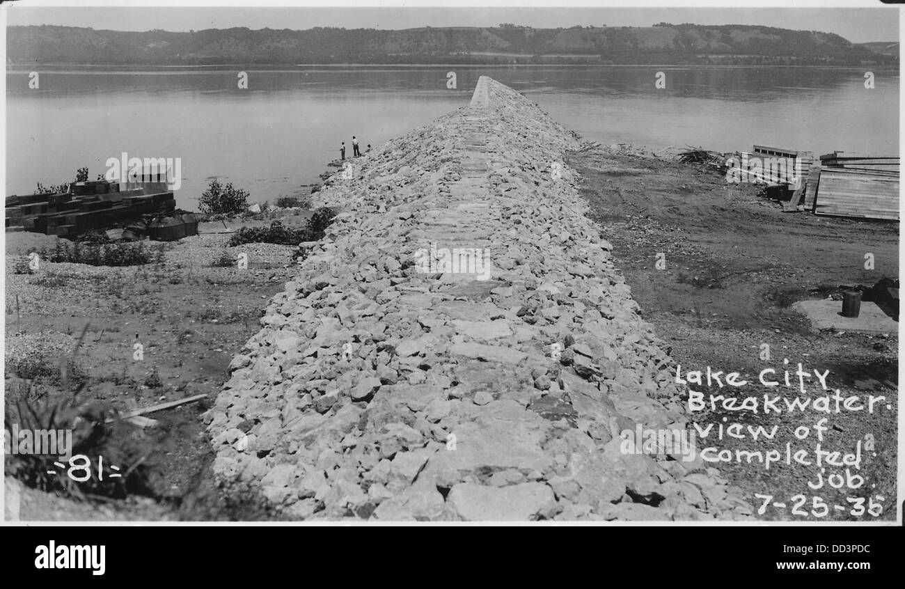A photograph showing the completed breakwater project at Lake City ...