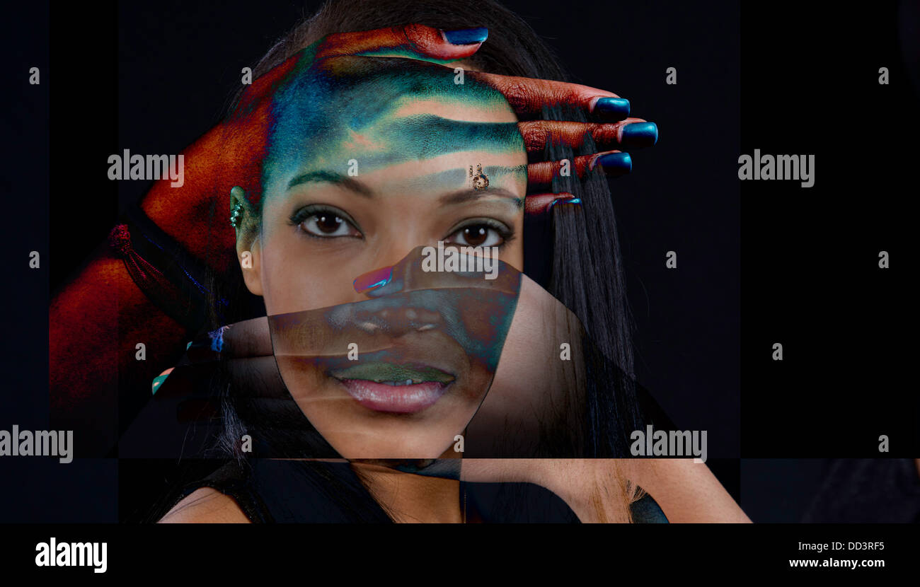 Double exposure of hands over a woman's thoughtful face Stock Photo - Alamy