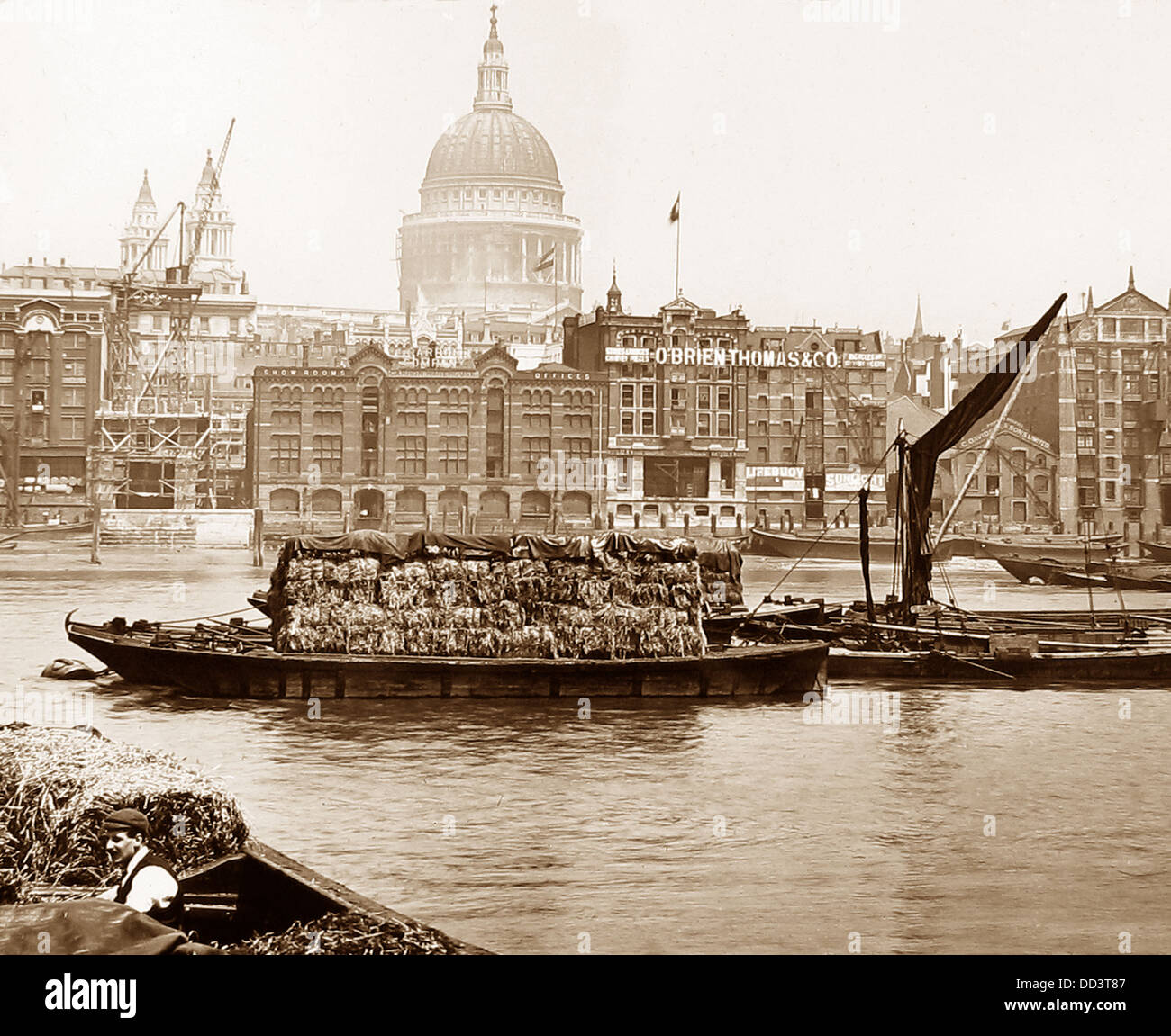 St. Paul's Cathedral and Thames Barge London Victorian period Stock ...