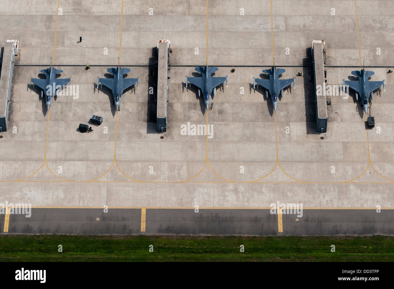 Aerial view of US Air Force F-16 Fighting Falcon aircraft parked at ...