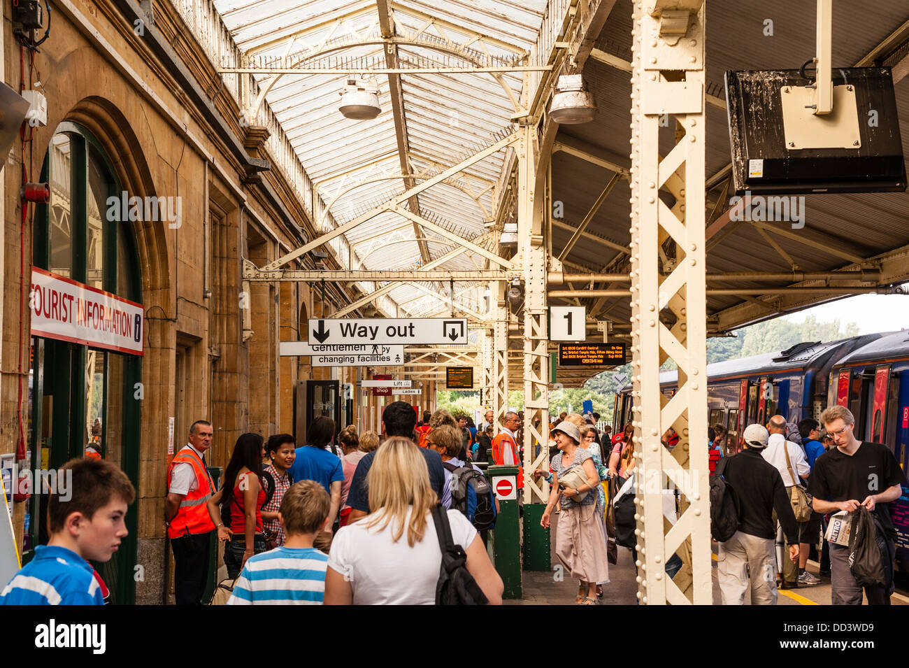 The busy railway station of Bath Spa in Bath , Somerset , England ...