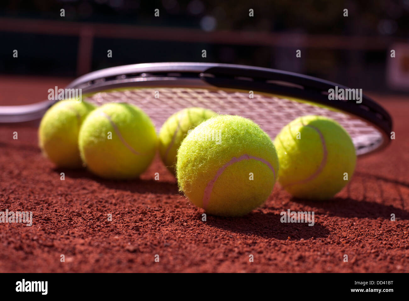Tennis balls and rocket on court field in sunny day Stock Photo - Alamy