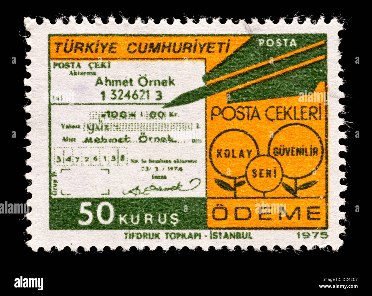 Postage stamp from Turkey depicting a postal check and pen Stock Photo ...