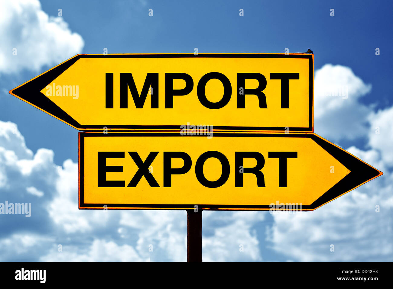 Import or export, opposite signs. Two opposite signs against blue sky ... Import or export, opposite signs. Two opposite signs against blue sky ...