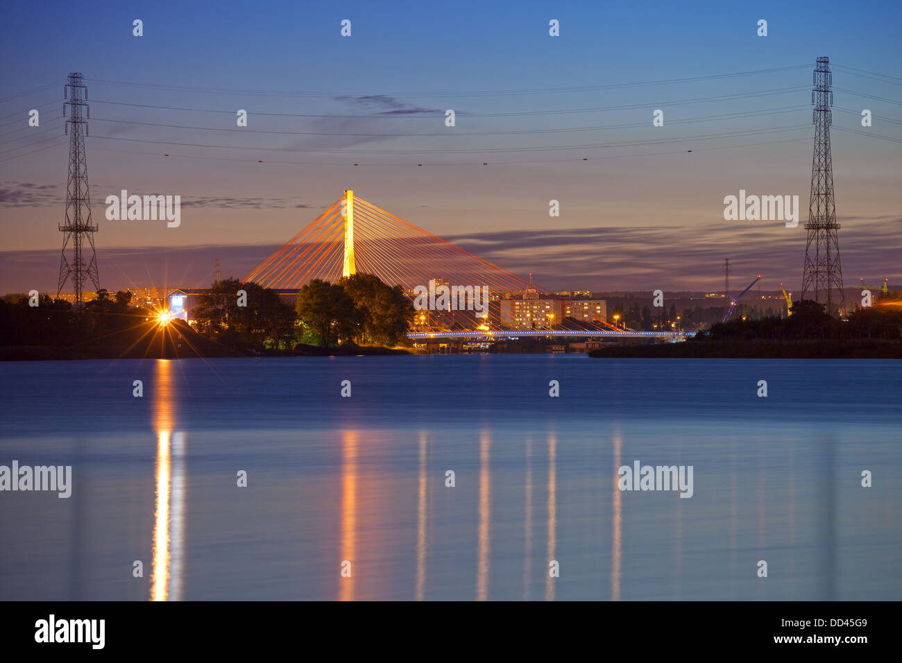 Hanging bridge at night in Gdansk, Poland Stock Photo - Alamy