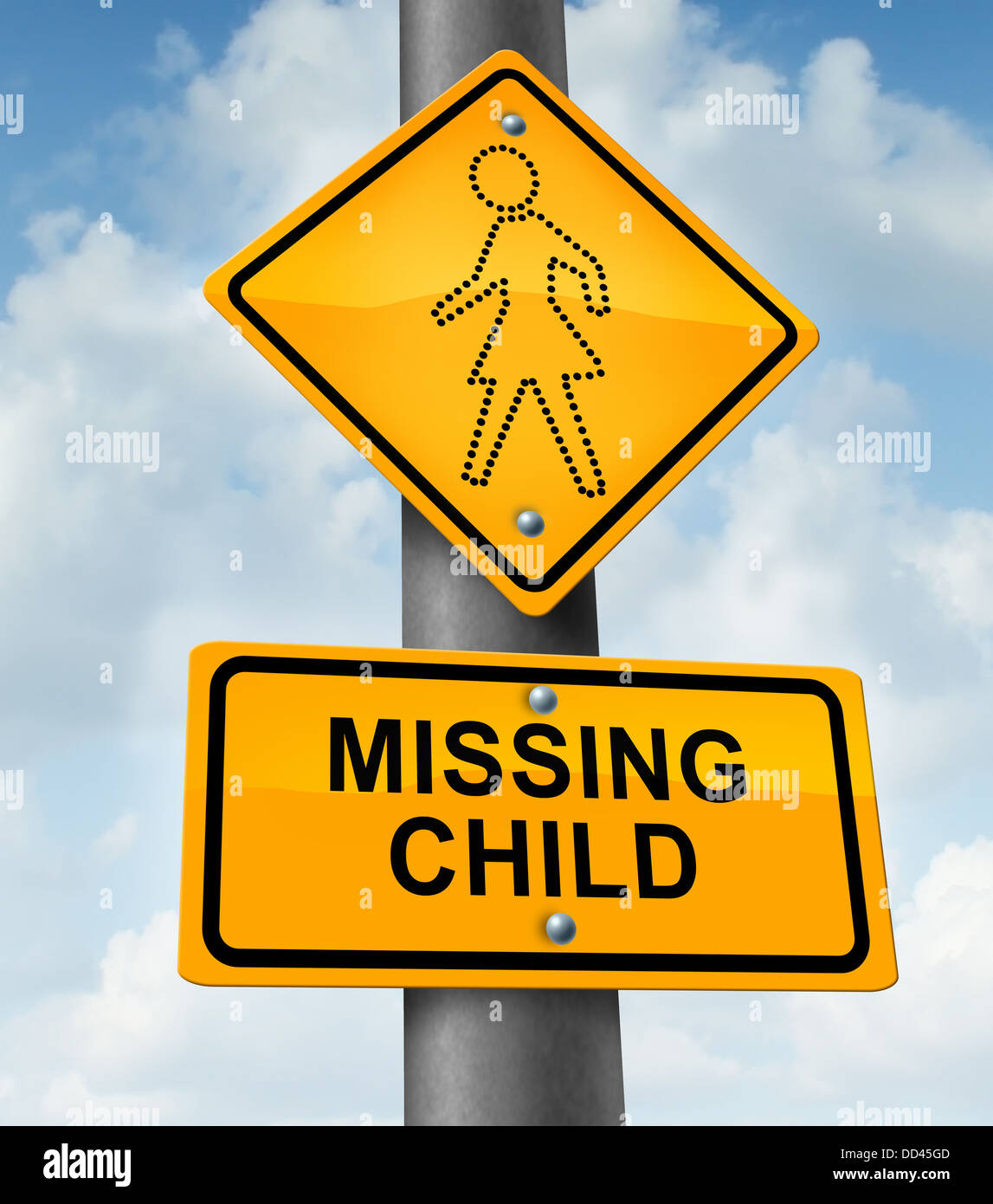 Child missing concept with a yellow school crossing traffic warning ...
