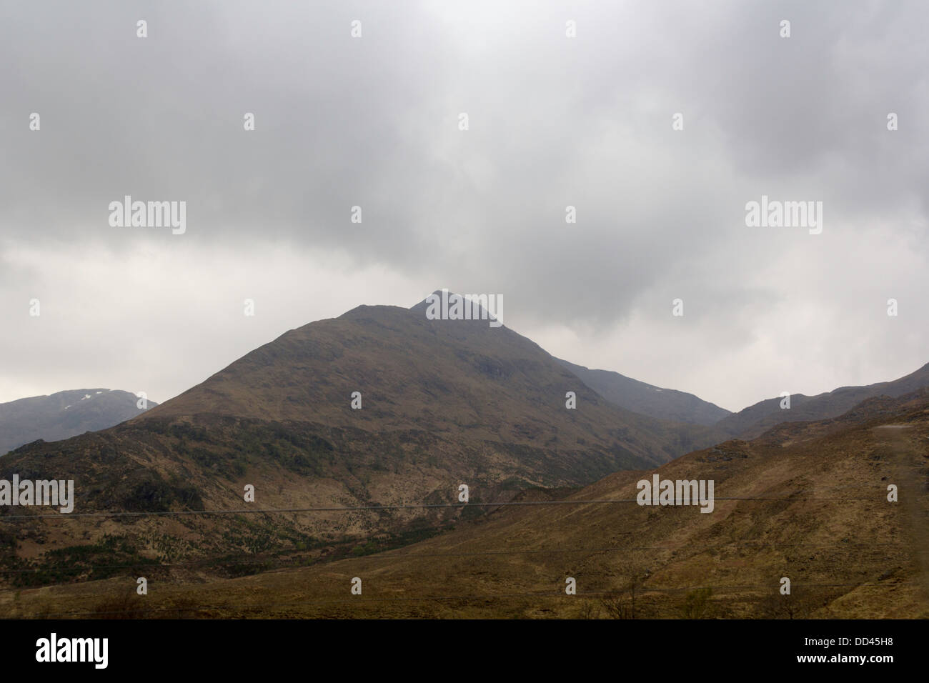 Multiple hills in the Scottish Highlands with wires in front. This is ...