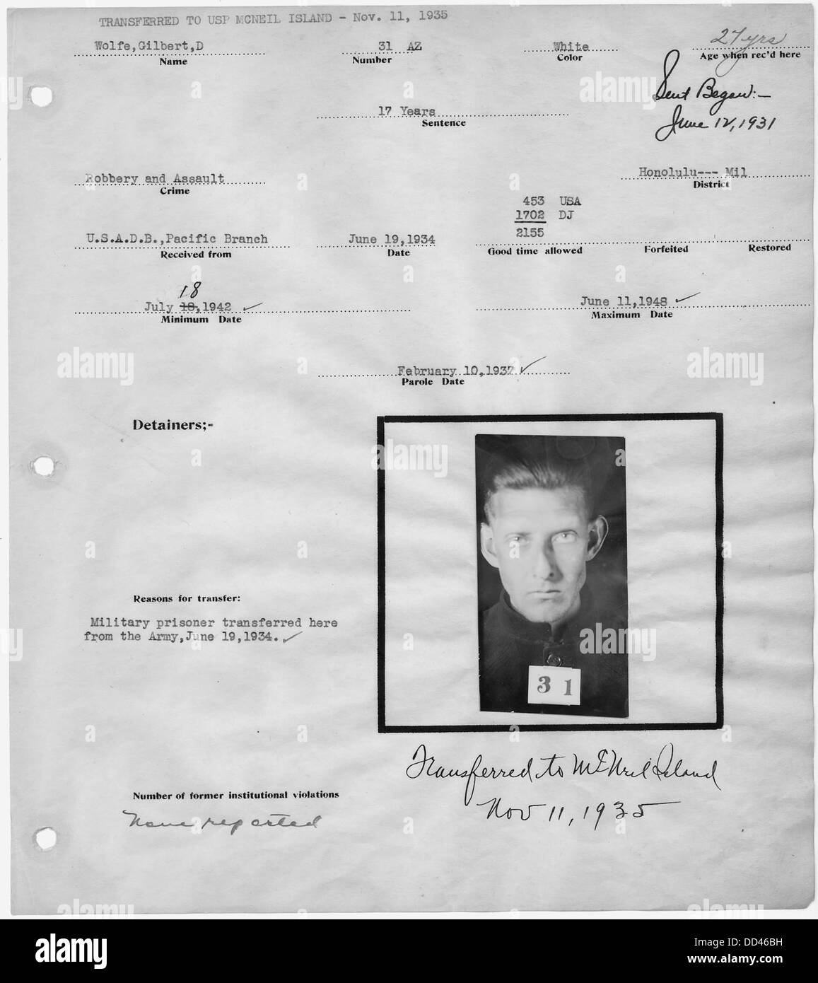 A warden’s notebook page with the mug shot of Gilbert D. Wolfe, an ...