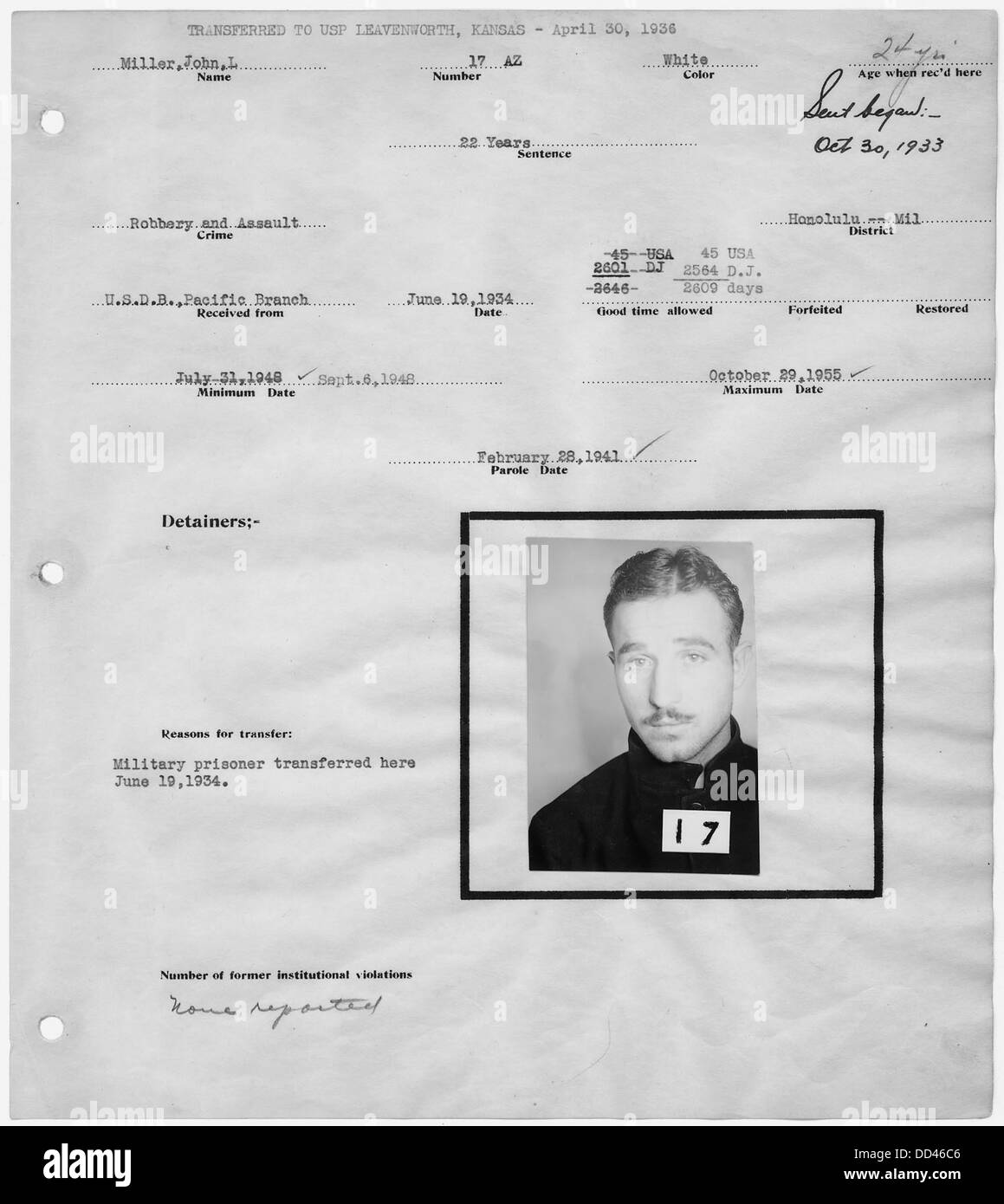 A page from the warden's notebook, featuring the mug shot of John L ...