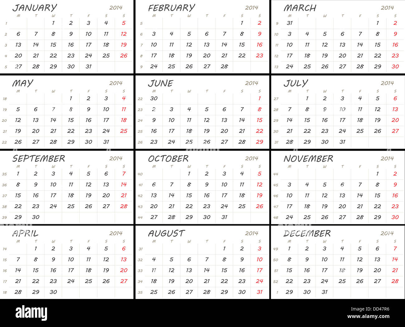 Solid white 2014 calendar template. Weeks start with Mondays Stock ...
