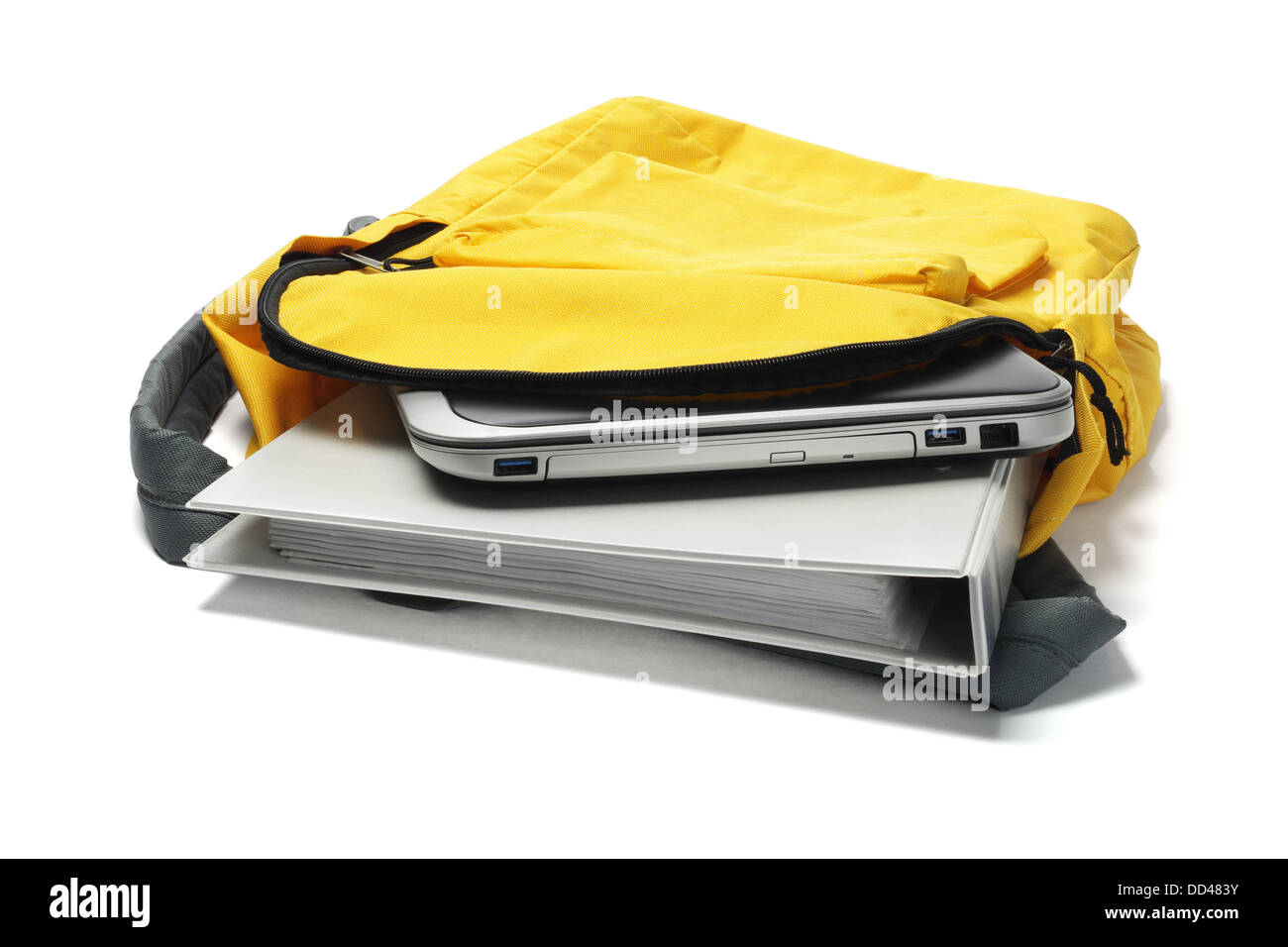 Laptop And File In Yellow Backpack On White Background Stock Photo - Alamy