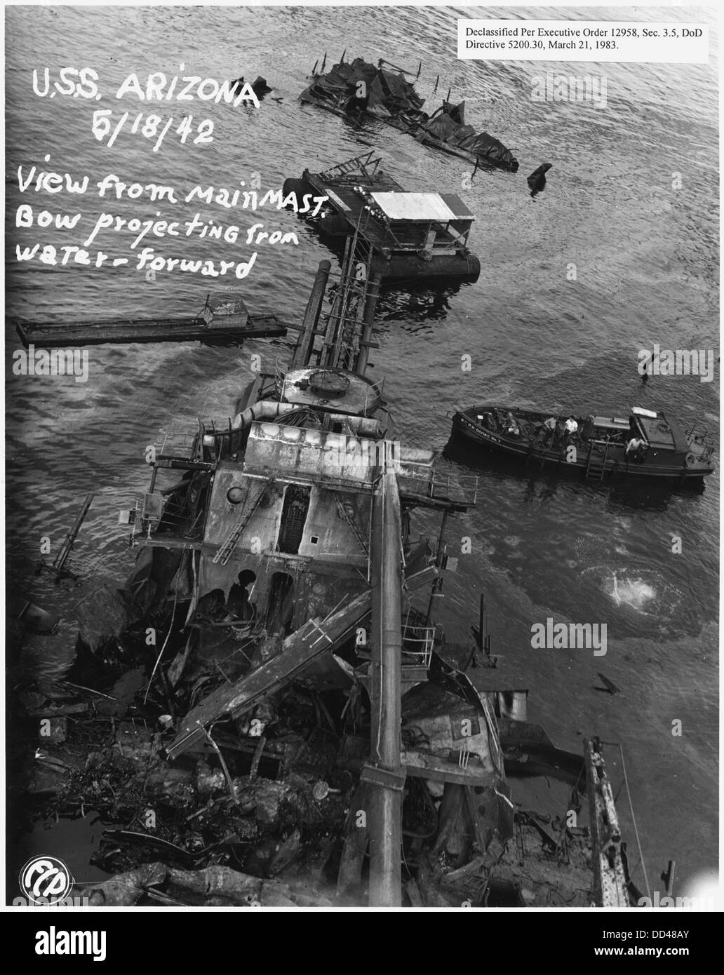 This photograph shows the USS Arizona, with a view from the main mast ...