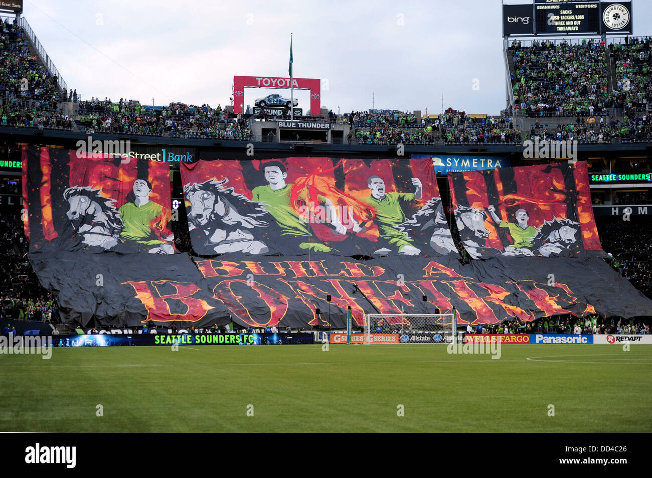 August 25, 2013. Seattle Sounders FC fans display a large TIFO before a ...