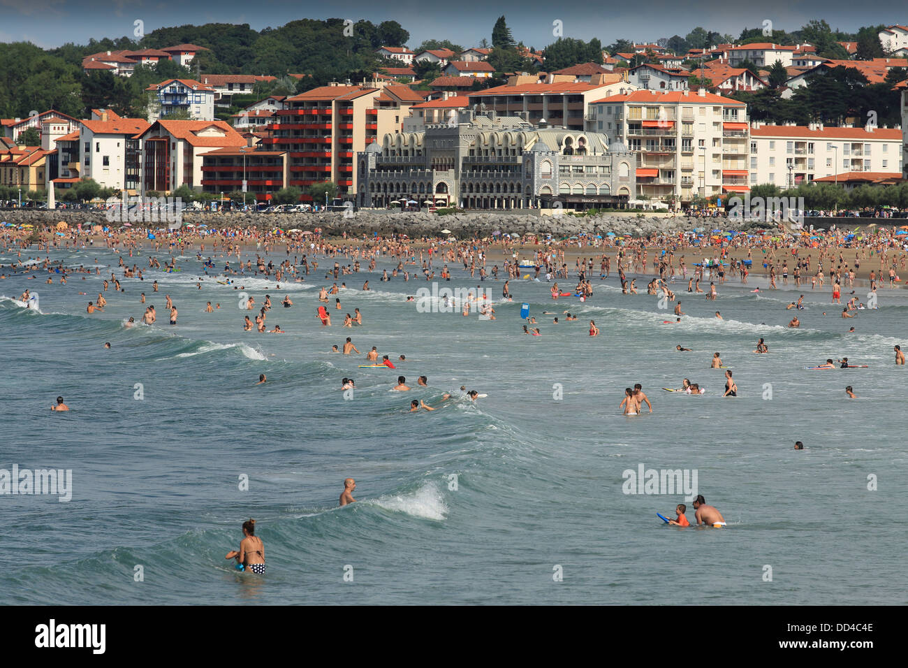 Summer crowd on Hendaye Beach in southern France on the border with ...