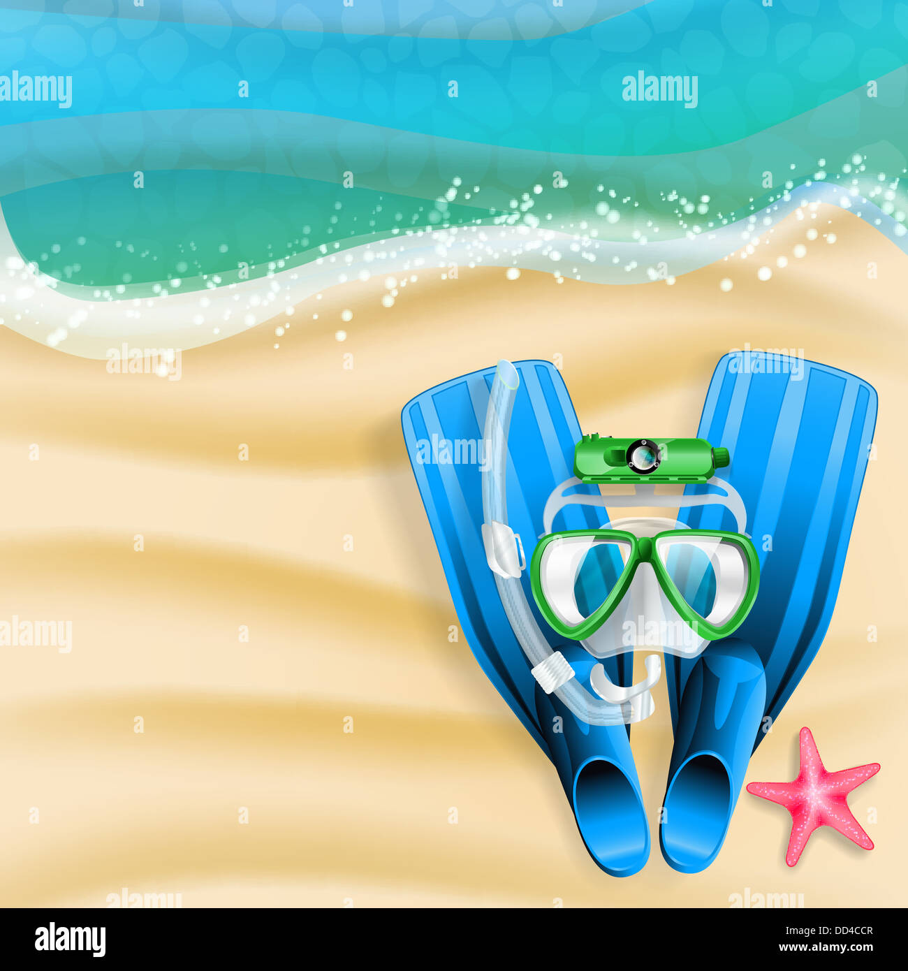 diving mask, cam, tube and starfish on beach background Stock Photo - Alamy