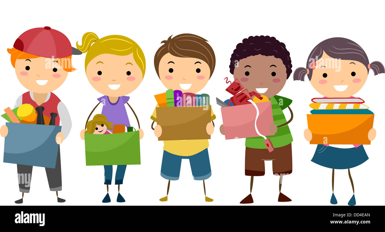 Illustration of Stickman Kids Carrying Donation Boxes Filled with Toys ...