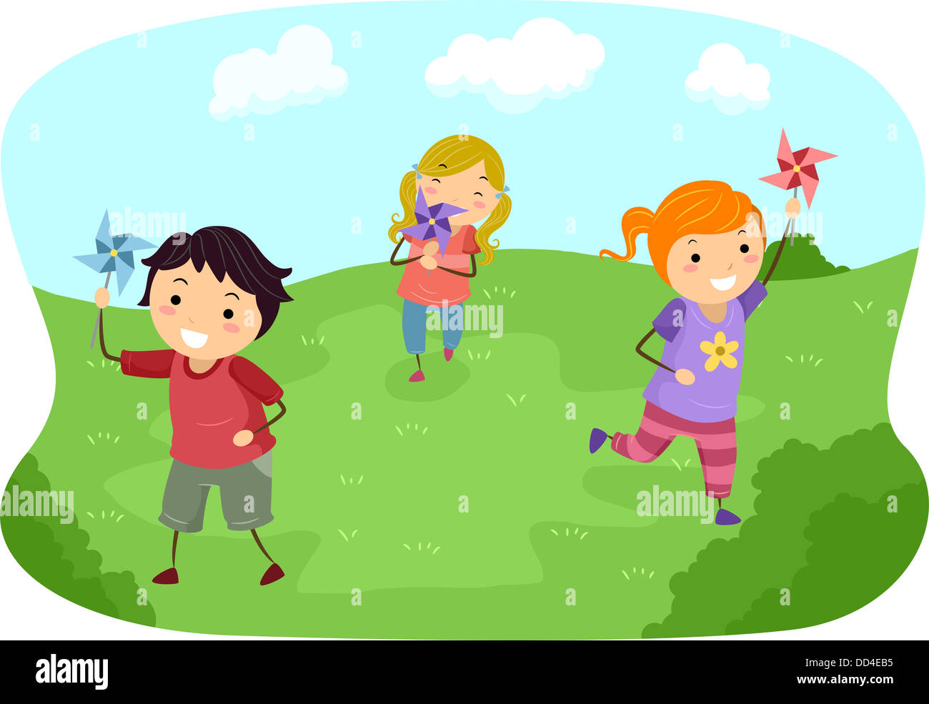 Illustration of Stickman Kids Playing with Pinwheels in a Field Stock ...