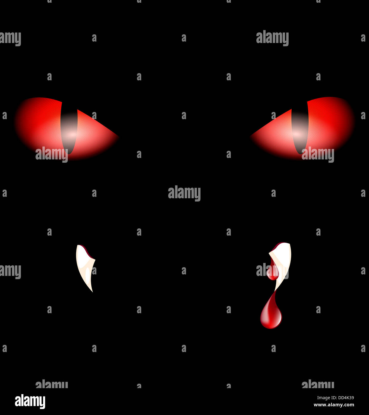 in a darkness are two mysterious red eyes and teeth with red drops ...