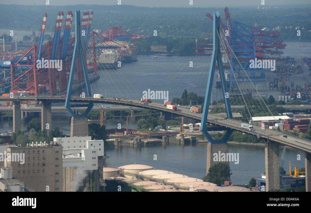 A view of the Koehlbrand bridge is pictured at the harbour of Hamburg ...