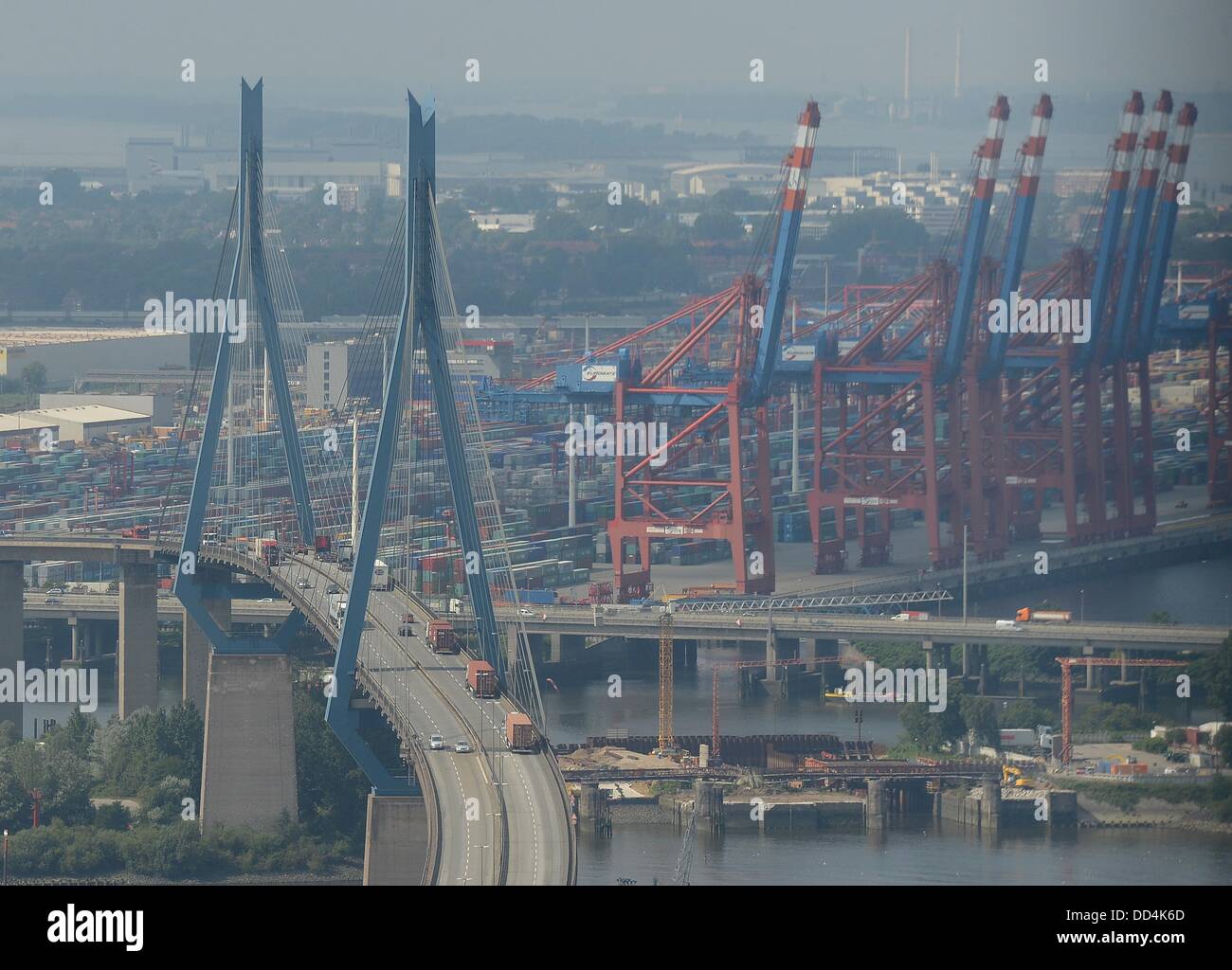 A view of the Koehlbrand bridge is pictured at the harbour of Hamburg ...