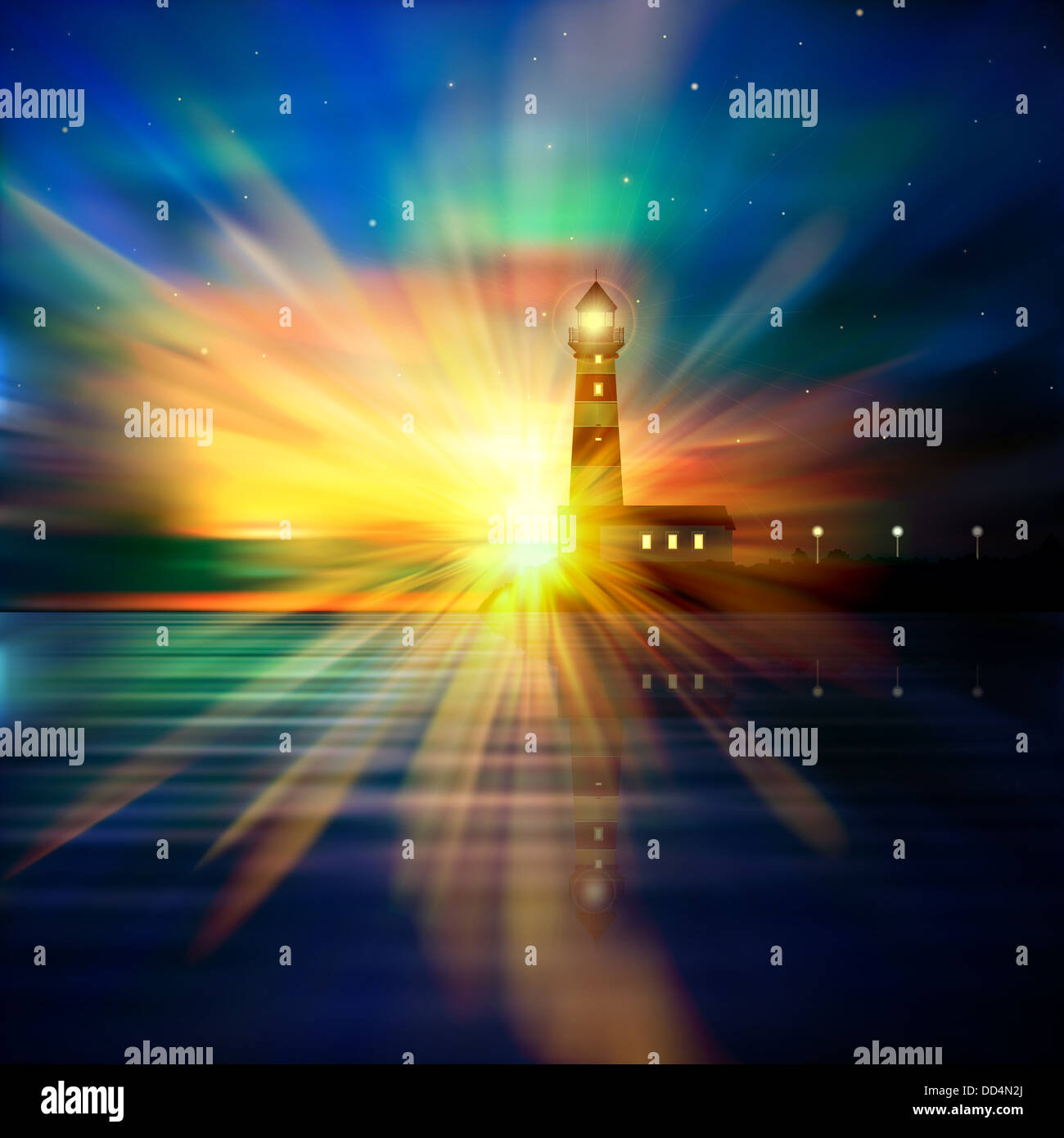 abstract nature background with lighthouse stars and sunrise Stock ...