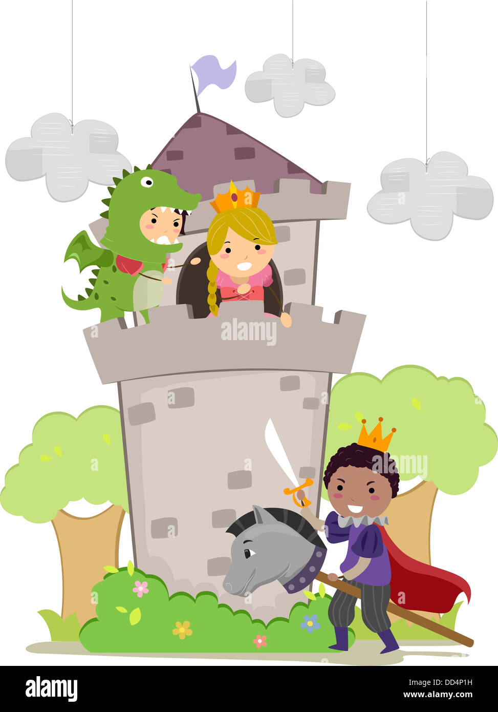 Illustration of Stickman Kids plays Dragon, Prince, and Princess in ...