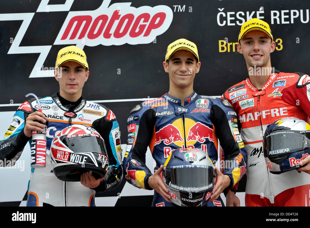 Winner of Moto3 class Luis Salom of Spain (centre), second placed ...