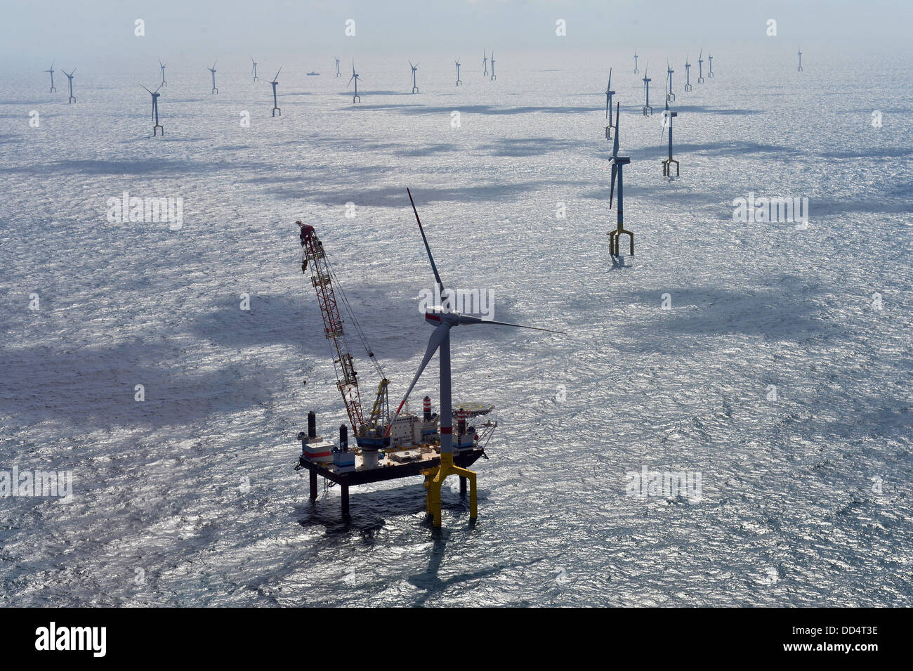 A special ship works at a wind wheel in Windpark Bard Offshore 1 ...