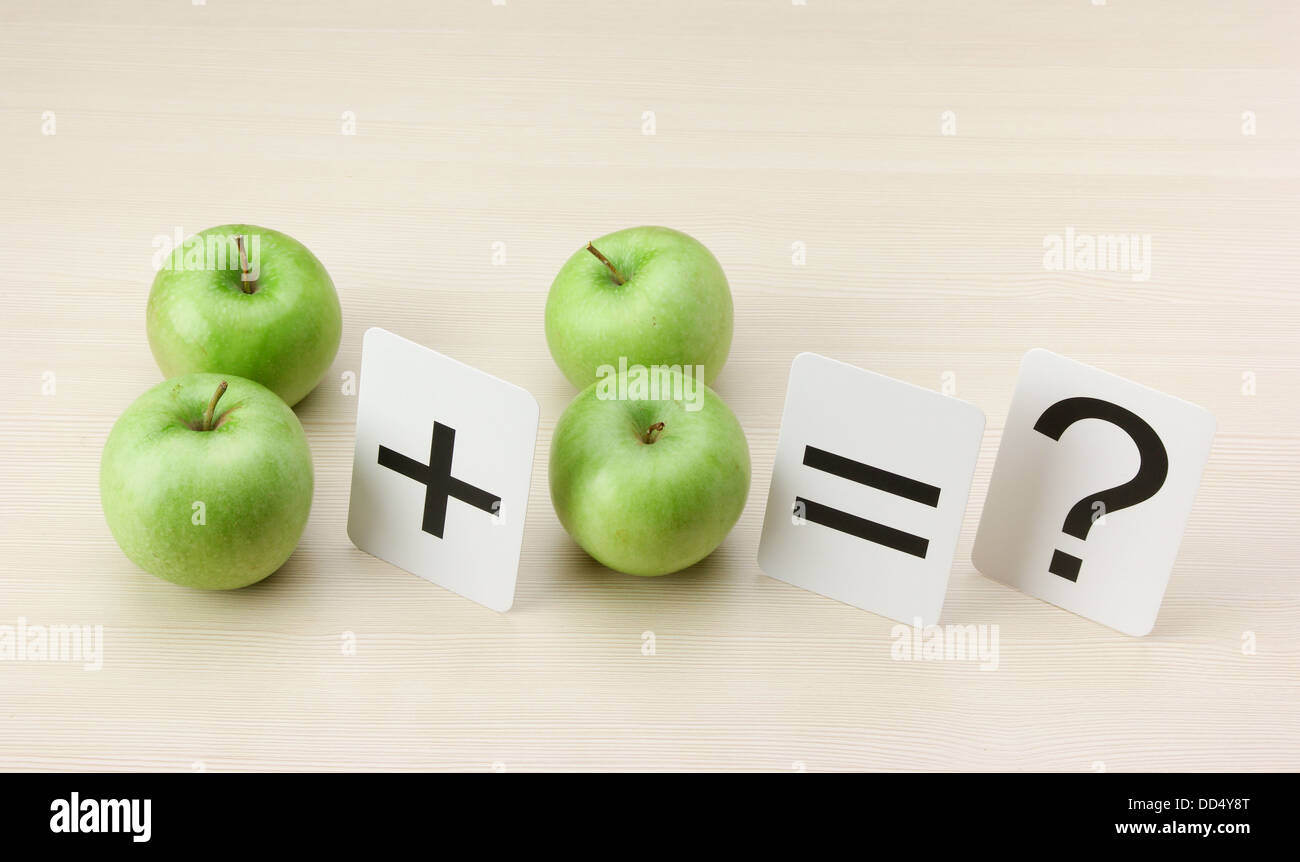 School card and apple with math problems Stock Photo - Alamy