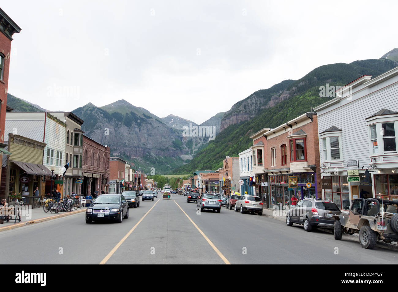 A view down the main street of Telluride in the Rocky Mountains in ...