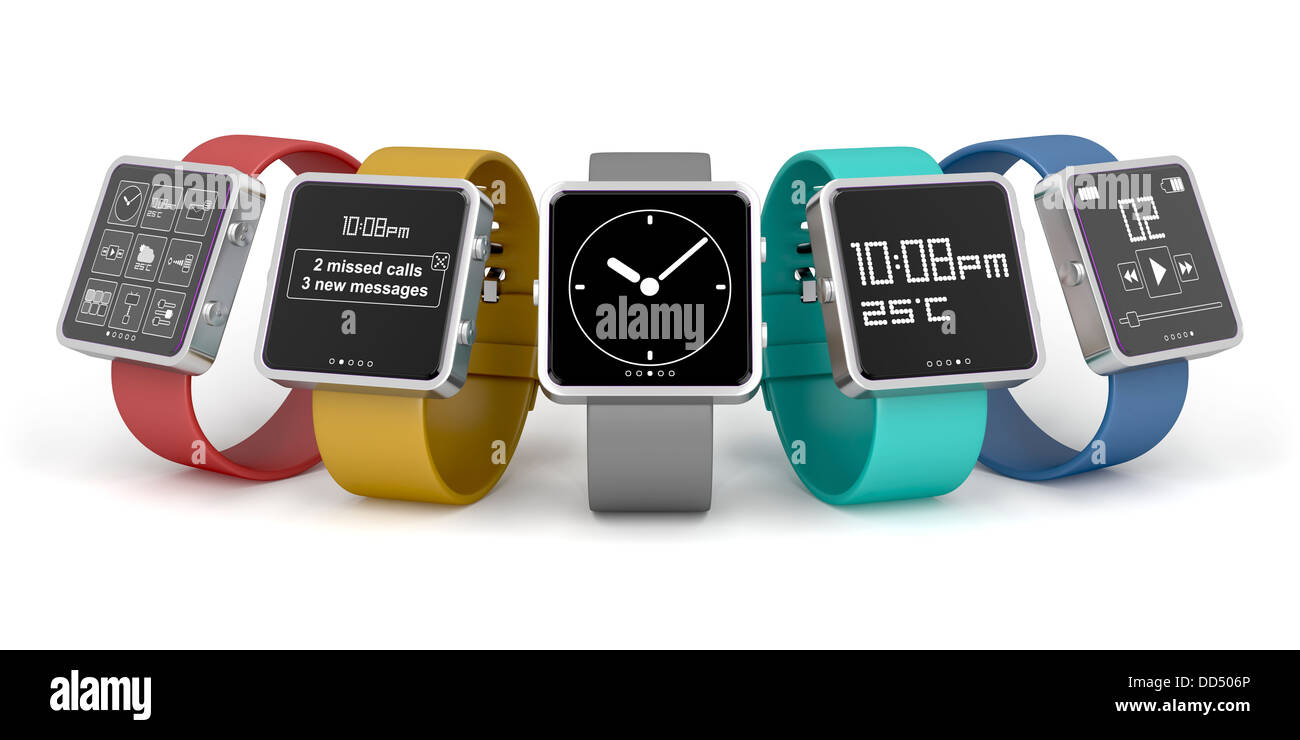 Five smartwatches with different interfaces and colors Stock Photo - Alamy
