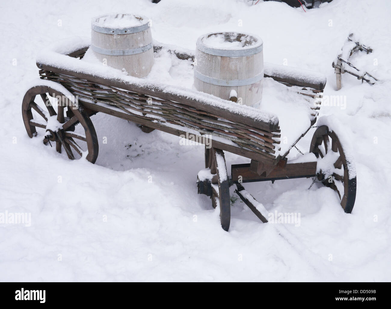 dray horse with barrels in the snow Stock Photo - Alamy