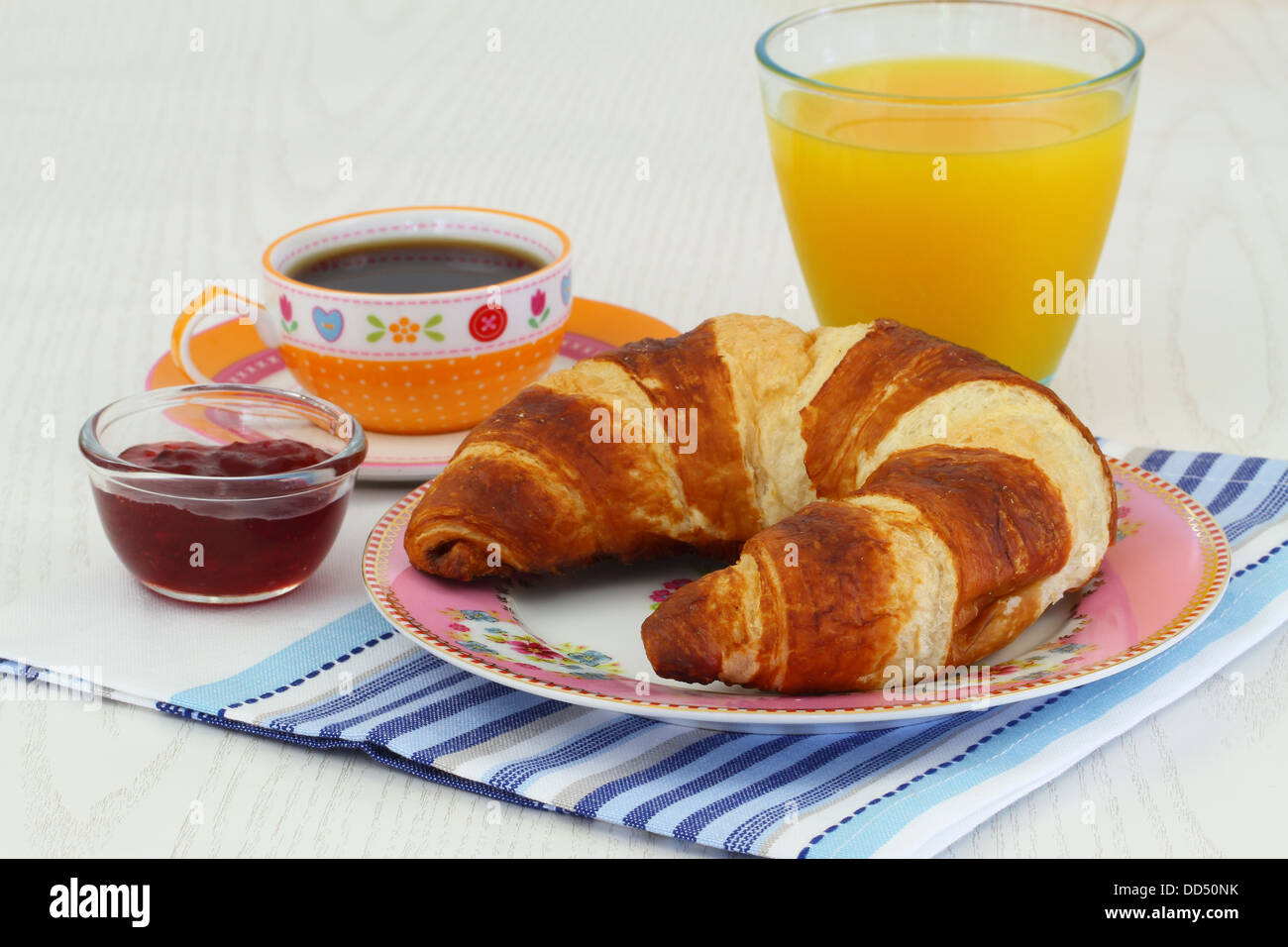 Continental traditional breakfast with croissants and coffee served on ...