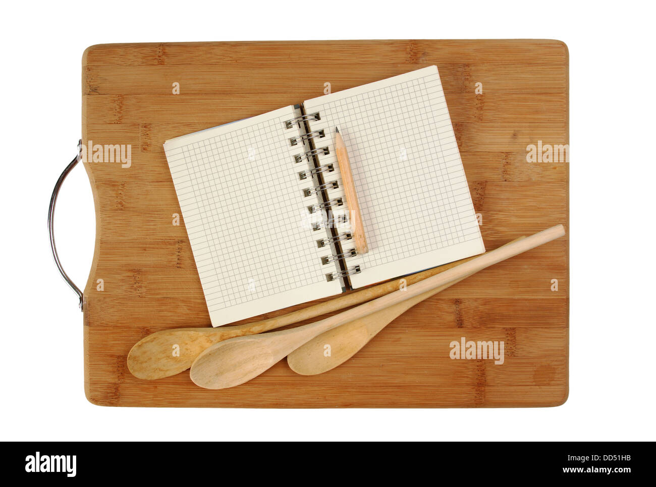 notebook for culinary recipes on a kitchen cutting board isolated on a ...