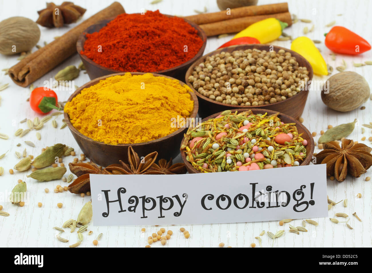 Happy cooking card with selection of spices and chilies Stock Photo - Alamy
