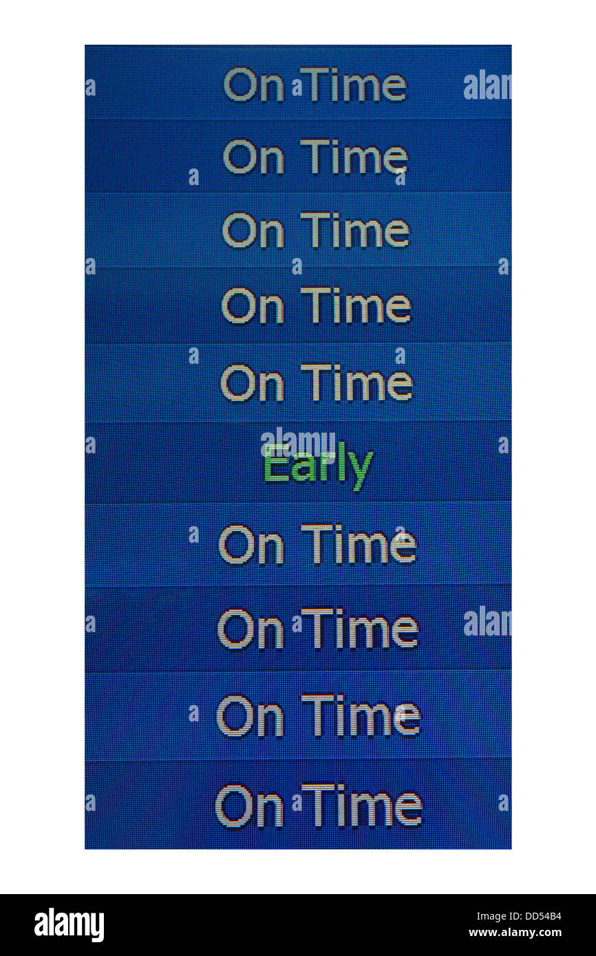 Airport electronic arrivals board showing one early flight among on ...