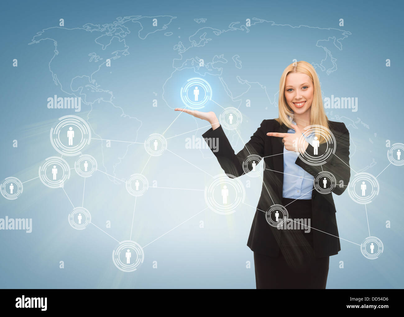 businesswoman pointing at contact icons Stock Photo - Alamy