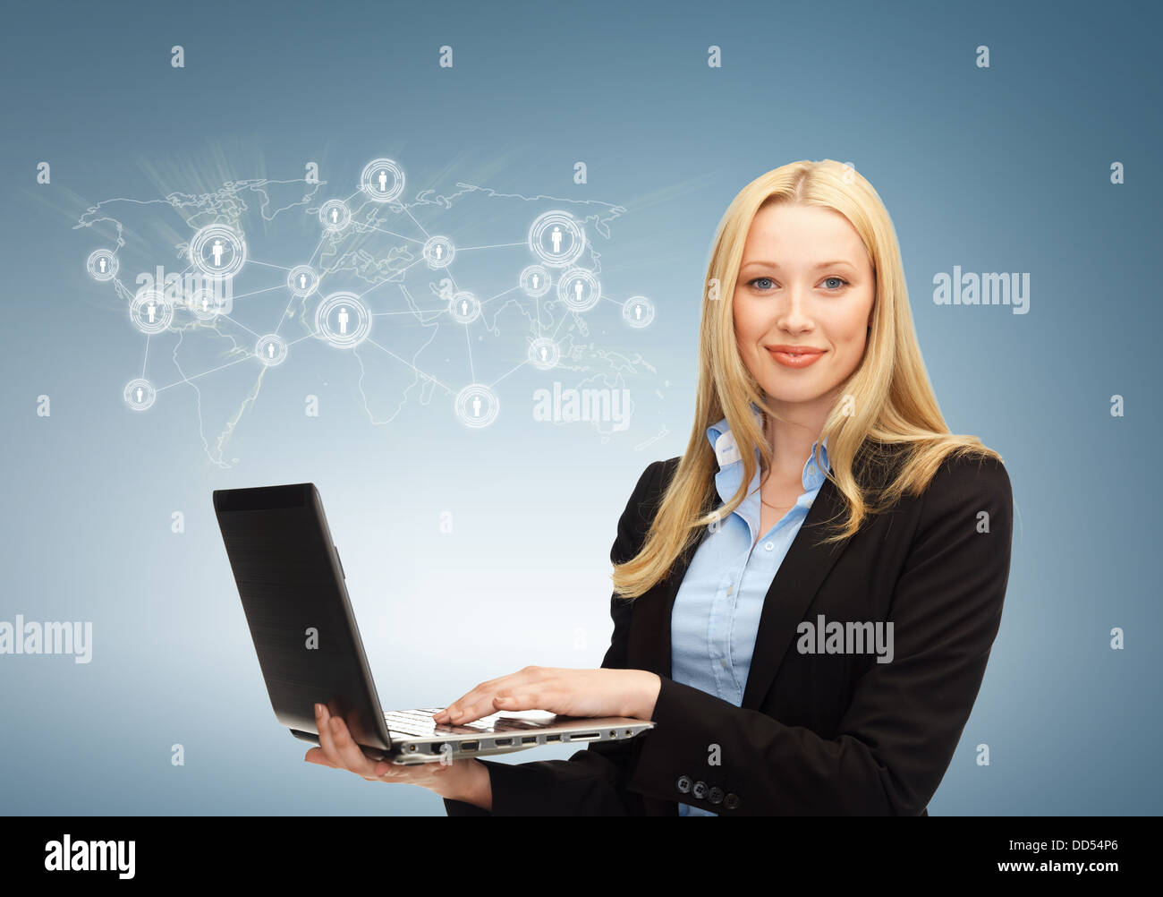 businesswoman with laptop and virtual screen Stock Photo - Alamy
