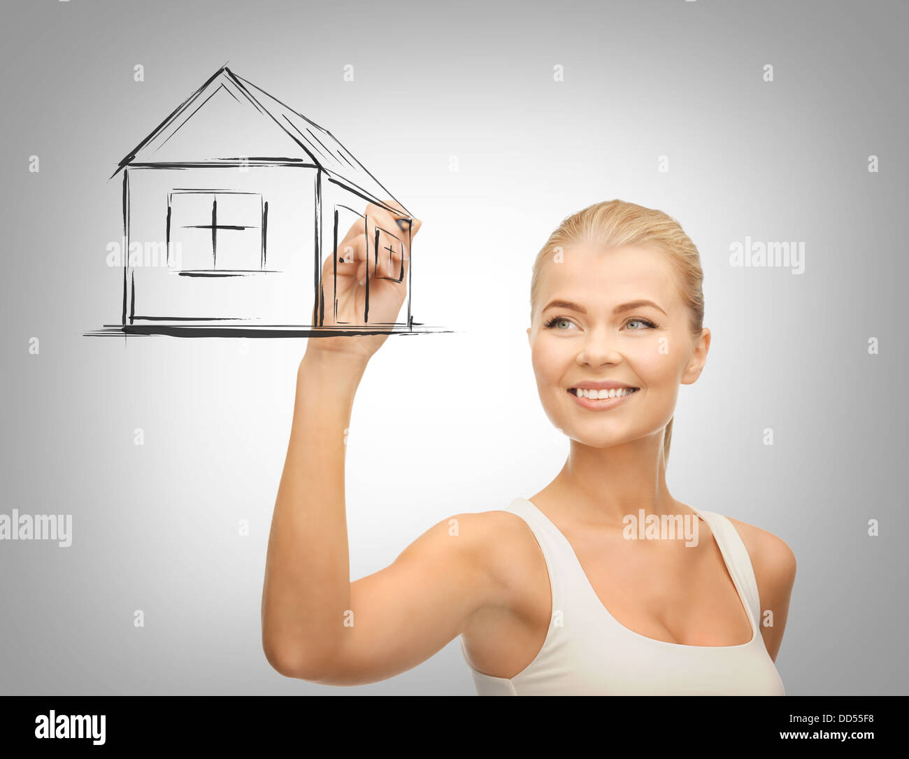 woman drawing house on virtual screen Stock Photo - Alamy