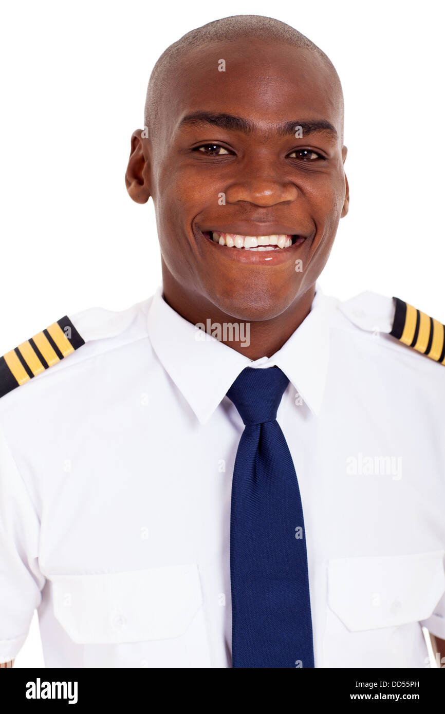 cheerful African American pilot in uniform isolated on white Stock ...