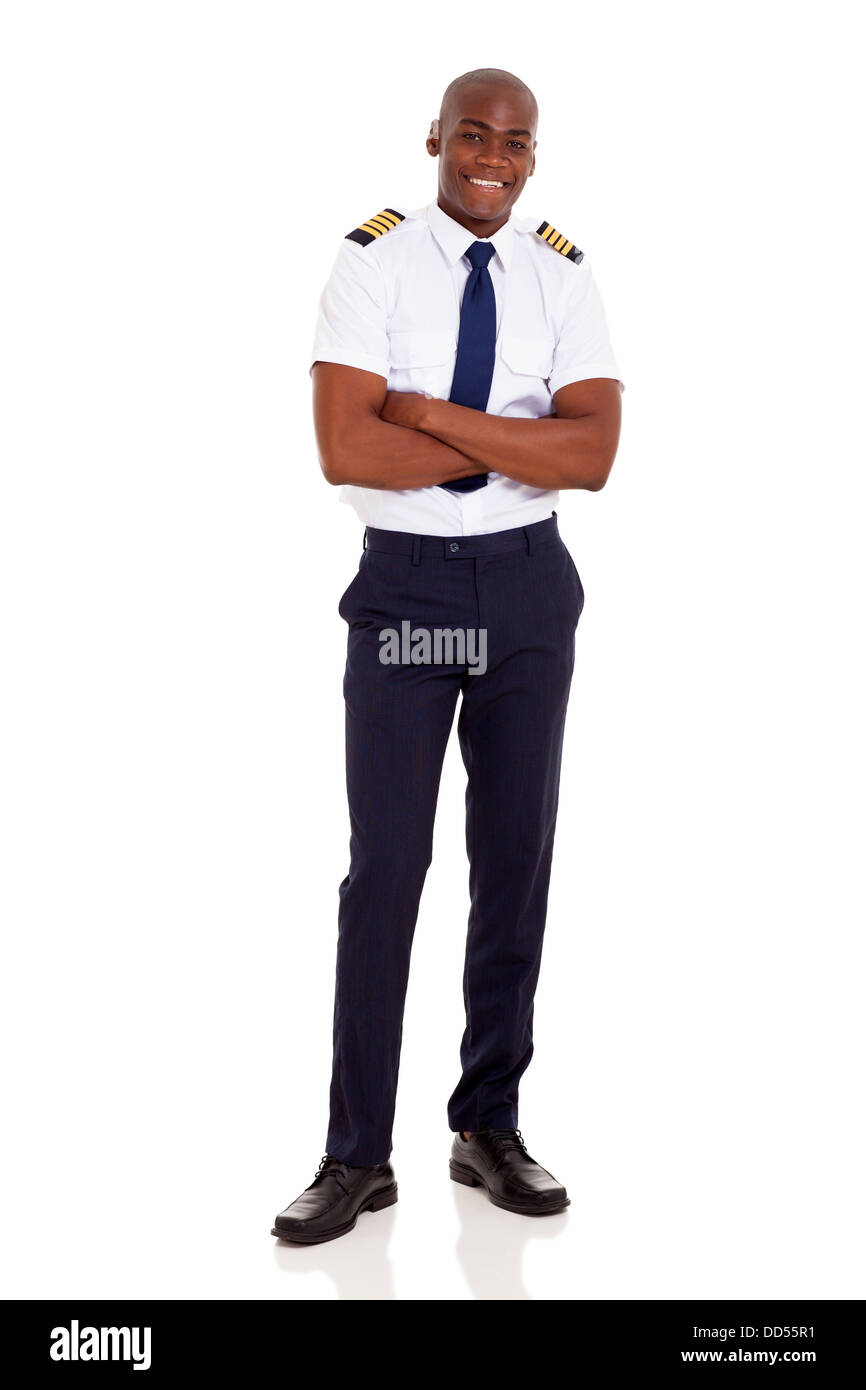 handsome African airline captain with arms crossed isolated on white ...