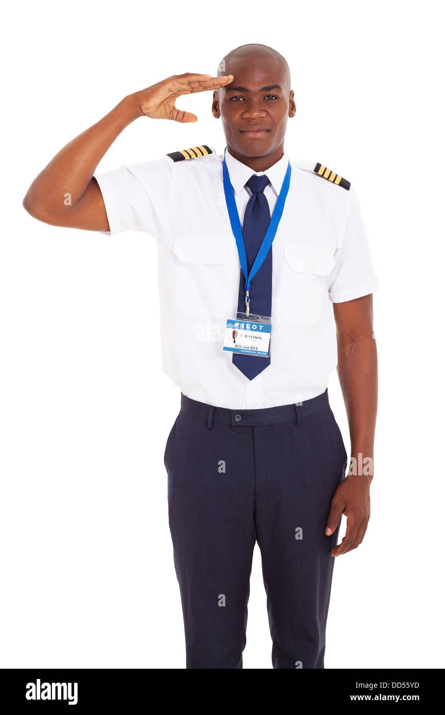 handsome airline African pilot saluting over white background Stock ...