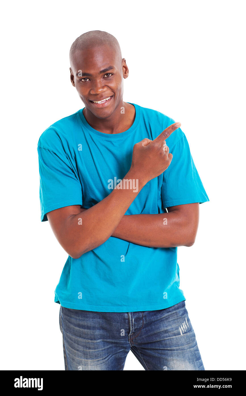 portrait of afro American man pointing at empty copy space isolated on ...
